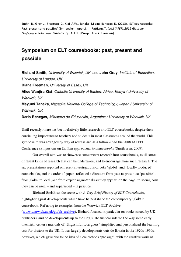 (PDF) ELT coursebooks: past, present and possible