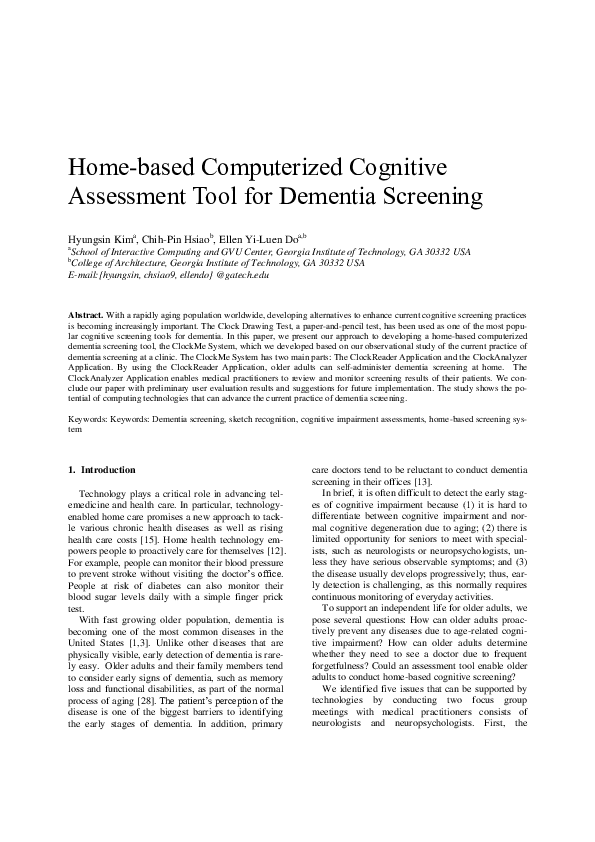 (PDF) Home-based Computerized Cognitive Assessment Tool for Dementia Screening