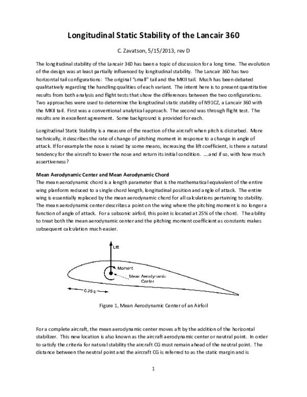(PDF) Longitudinal Static Stability of the Lancair 360