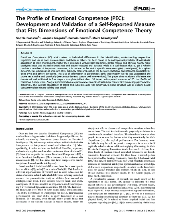 (PDF) The Profile of Emotional Competence (PEC): Development and ...