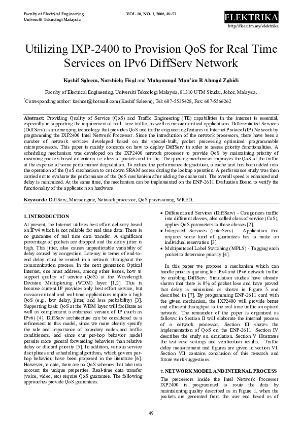 (PDF) Utilizing IXP-2400 to Provision QoS for Real Time Services on IPv6 DiffServ Network