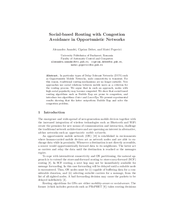 Pdf Social Based Routing With Congestionavoidance In Opportunistic Networks
