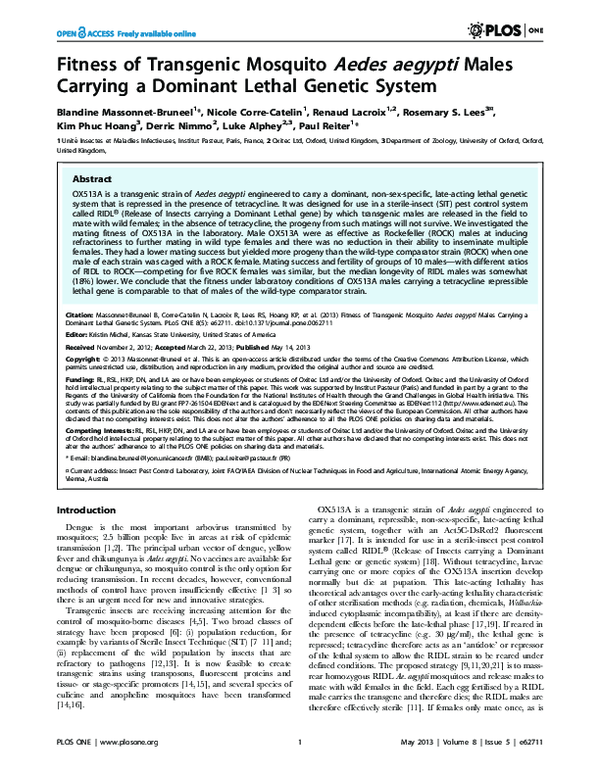 (PDF) Fitness of Transgenic Mosquito Aedes aegypti Males Carrying a ...
