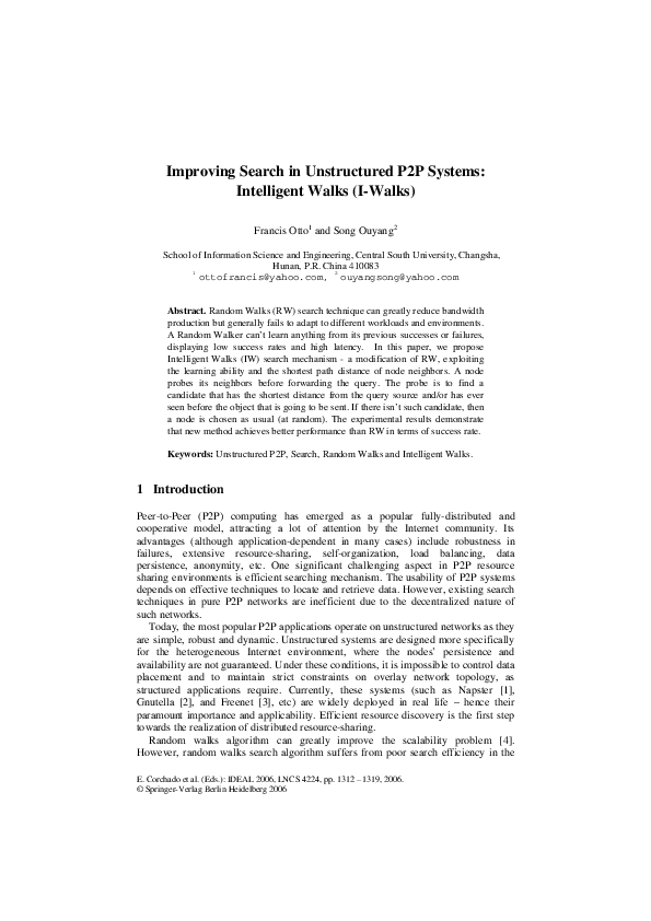 (PDF) Improving Search in Unstructured P2P Systems: Intelligent Walks (I-Walks)