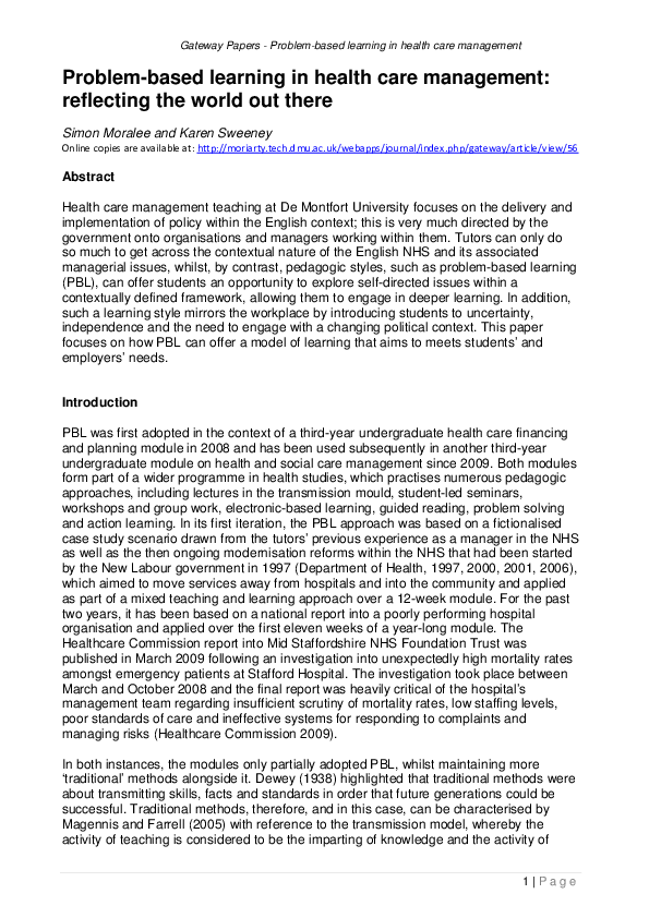 (PDF) Problem-based learning in health care management: reflecting the ...
