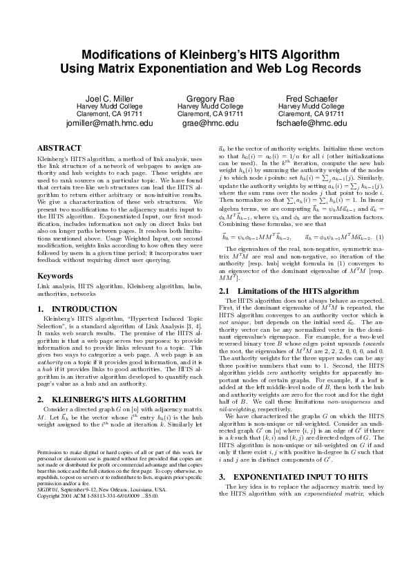 Pdf Modifications Of Kleinbergs Hits Algorithm Using Matrix
