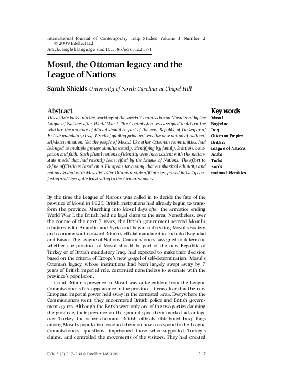 Mosul, the Ottoman legacy and the League of Nations