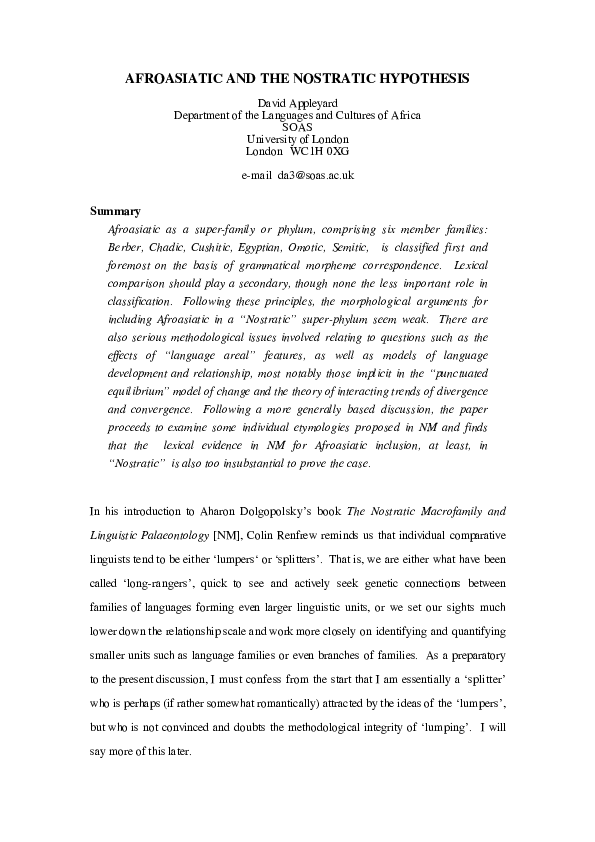 (PDF) Afroasiatic and the Nostratic hypothesis