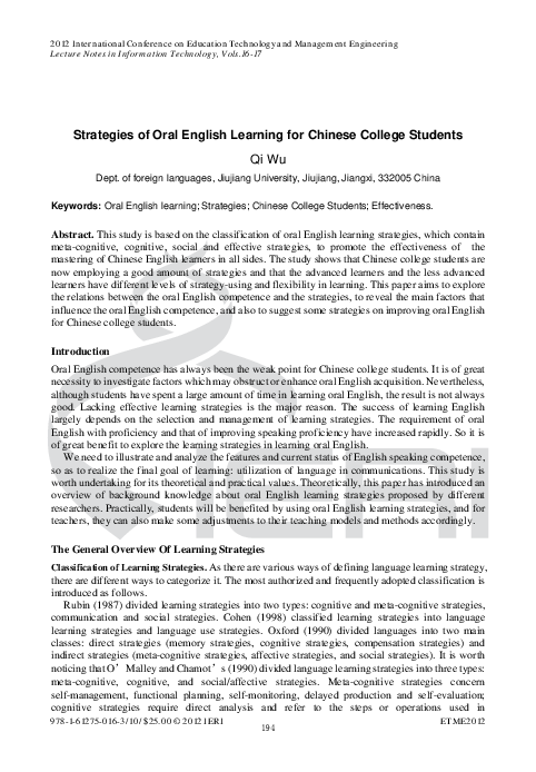 (PDF) Strategies of Oral English Learning for Chinese College Students