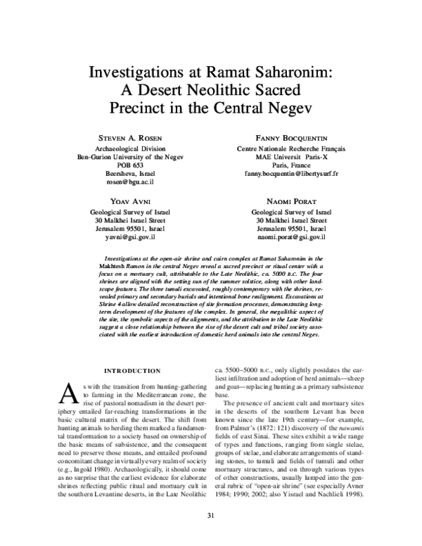 (PDF) Investigations at Ramat Saharonim: A Desert Neolithic Sacred ...