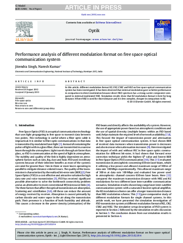 Pdf Performance Analysis Of Different Modulation Format On Free Space