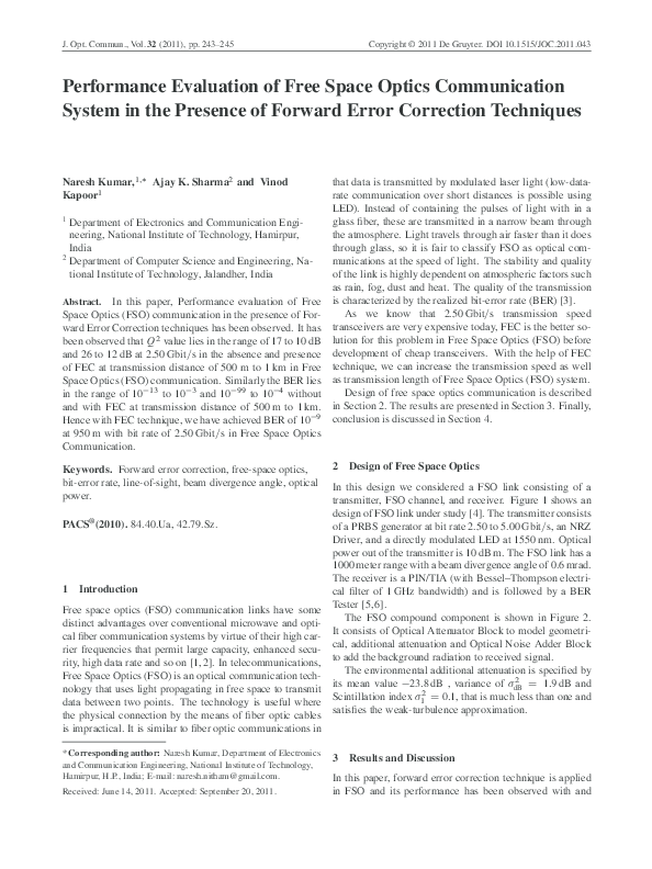 (PDF) Performance Evaluation of Free Space Optics Communication