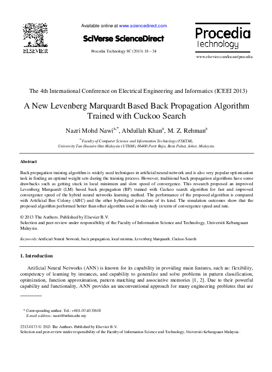 (PDF) A New Levenberg Marquardt Based Back Propagation Algorithm Trained with Cuckoo Search