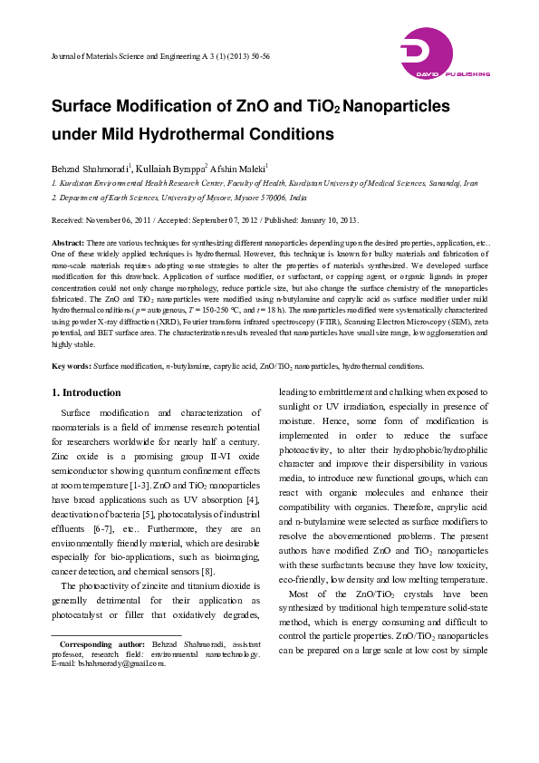 (PDF) Surface Modification of ZnO and TiO2 Nanoparticles under Mild Hydrothermal Conditions