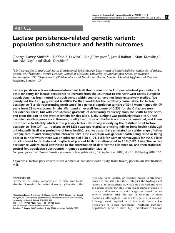 (PDF) Lactase persistence related genetic variant: population ...