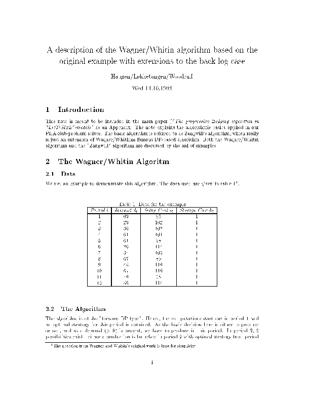Pdf A Description Of The Wagnerwhitin Algorithm Based On The Original Example With Extensions