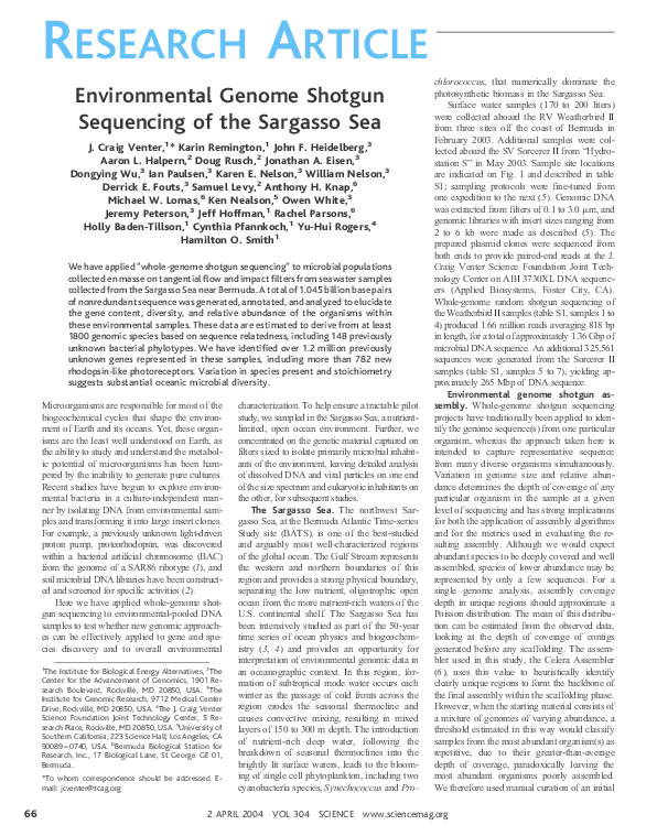 (PDF) Environmental Genome Shotgun Sequencing of the Sargasso Sea