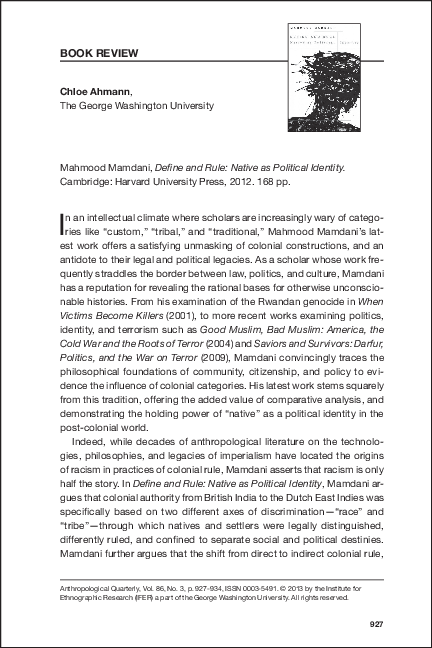 (PDF) Book Review: Mahmood Mamdani, Define and Rule: Native as ...