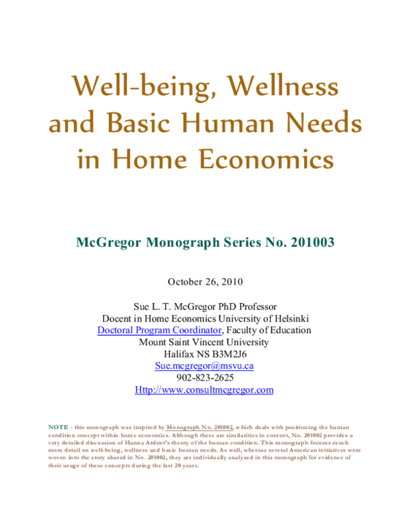 (PDF) Well-being, wellness and basic human needs in home economics