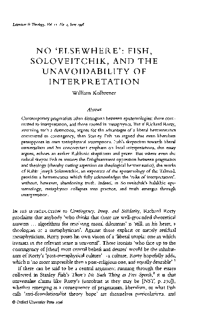 (PDF) No 'elsewhere': Fish, Soloveitchik, and the unavoidability of ...