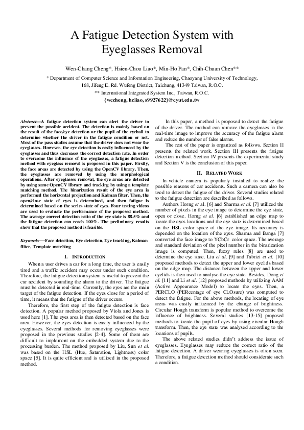 (PDF) A Fatigue Detection System with Eyeglasses Removal