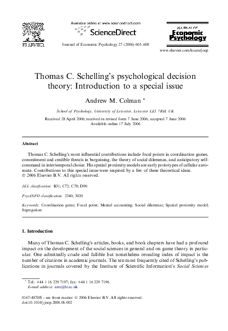 (PDF) Colman, A. M. (2006). Thomas C. Schelling’s psychological ...