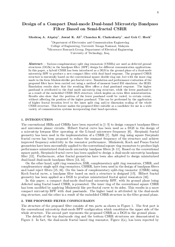 Pdf Design Of A Compact Dual Mode Dual Band Microstrip Bandpass Filter Based On Semi Fractal Csrr