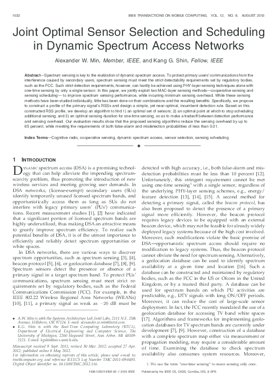 Pdf Joint Optimal Sensor Selection And Scheduling In Dynamic Spectrum