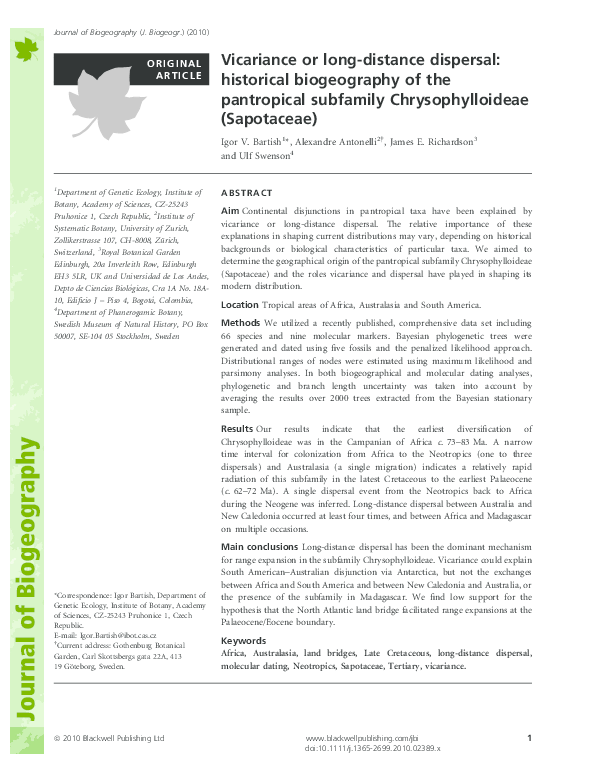 (PDF) Vicariance or long-distance dispersal: historical biogeography of the pantropical ...
