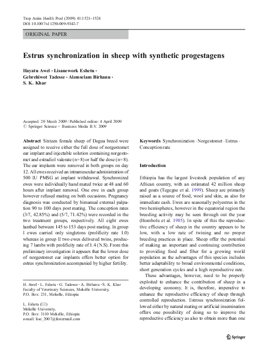 Pdf Original Paper Estrus Synchronization In Sheep With Synthetic Progestagens Hayatu Awel