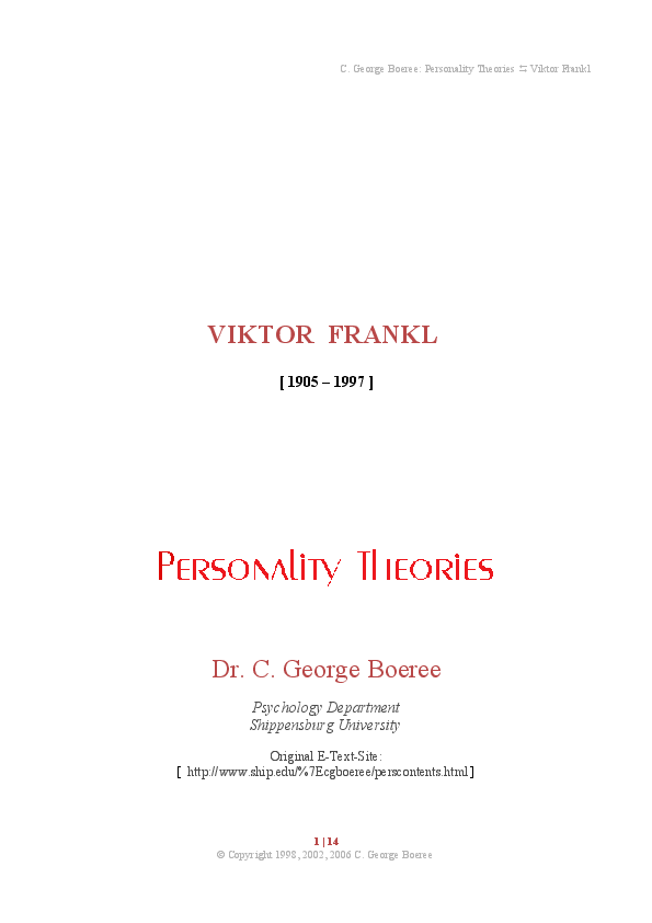 (PDF) C. George Boeree: Personality Theories Viktor Frankl