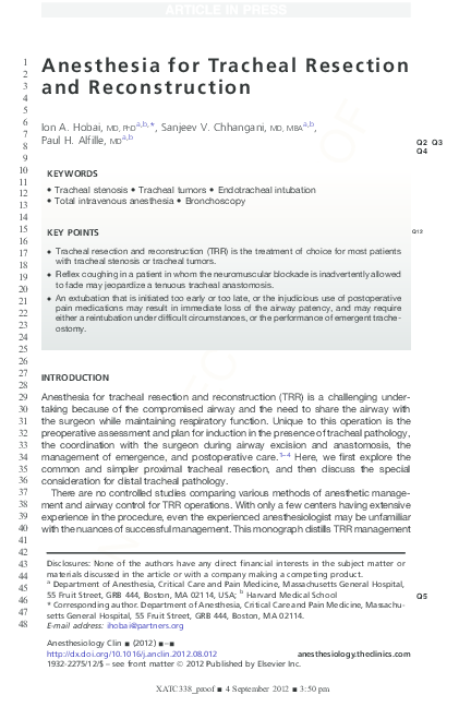 (PDF) Anesthesia for Tracheal Resection and Reconstruction