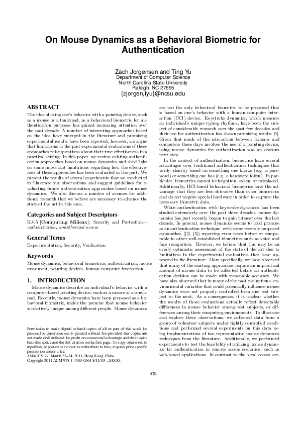 (PDF) On Mouse Dynamics as a Behavioral Biometric for Authentication