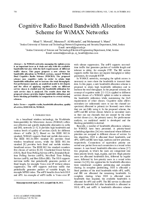 Cognitive Radio Based Bandwidth Allocation Scheme for WiMAX Networks