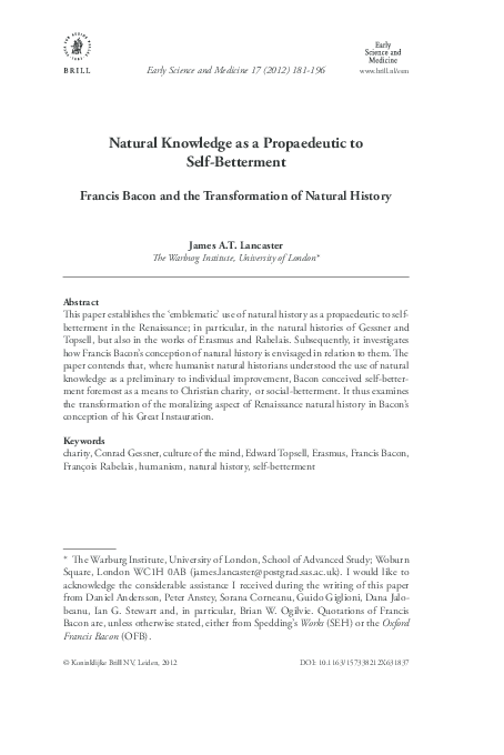 (PDF) Natural Knowledge as a Propaedeutic to Self-Betterment: Francis ...