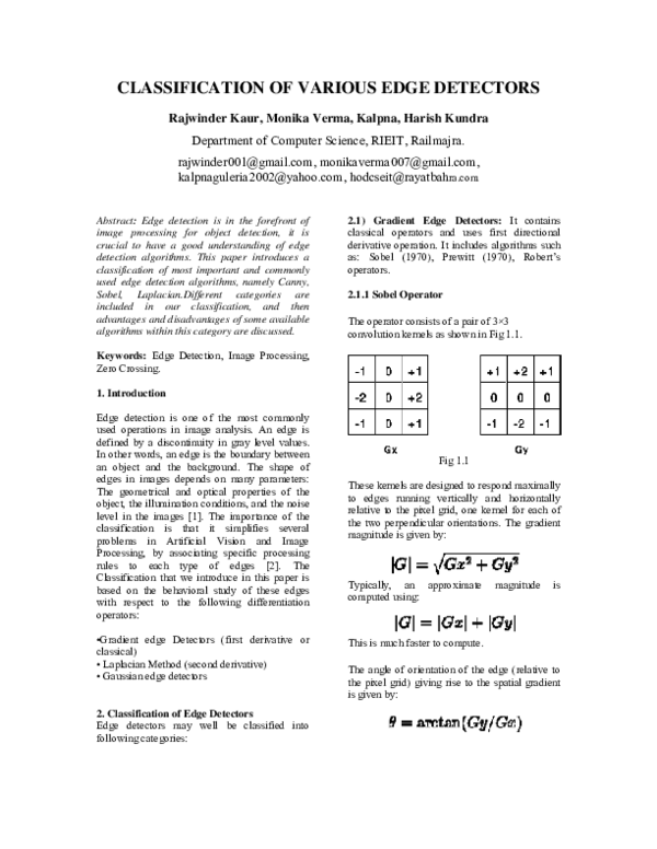 (PDF) CLASSIFICATION OF VARIOUS EDGE DETECTORS