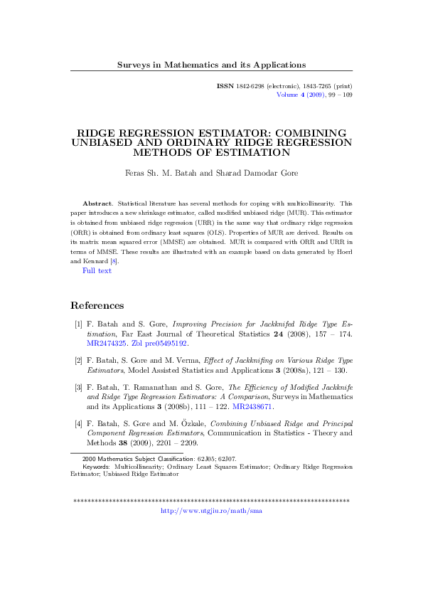 (PDF) RIDGE REGRESSION ESTIMATOR: COMBINING UNBIASED AND ORDINARY RIDGE ...