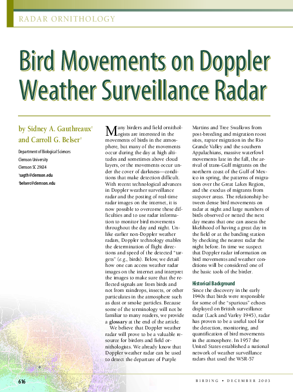 (PDF) Bird movements on Doppler weather surveillance radar