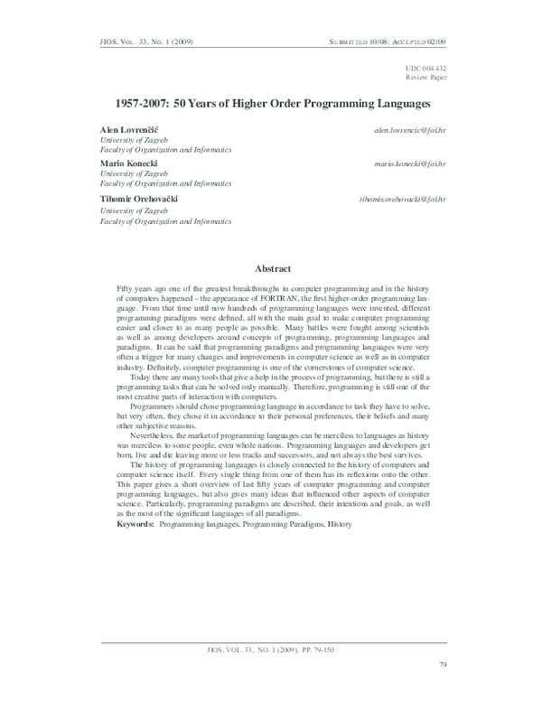 (PDF) 1957-2007: 50 years of higher order programming languages | Tihomir Orehovački - Academia.edu