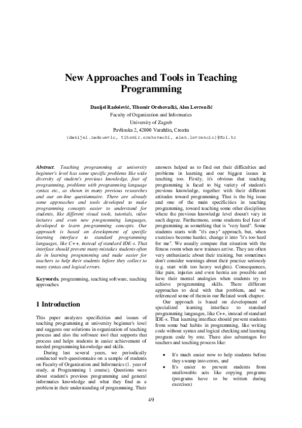 (PDF) New Approaches and Tools in Teaching Programming