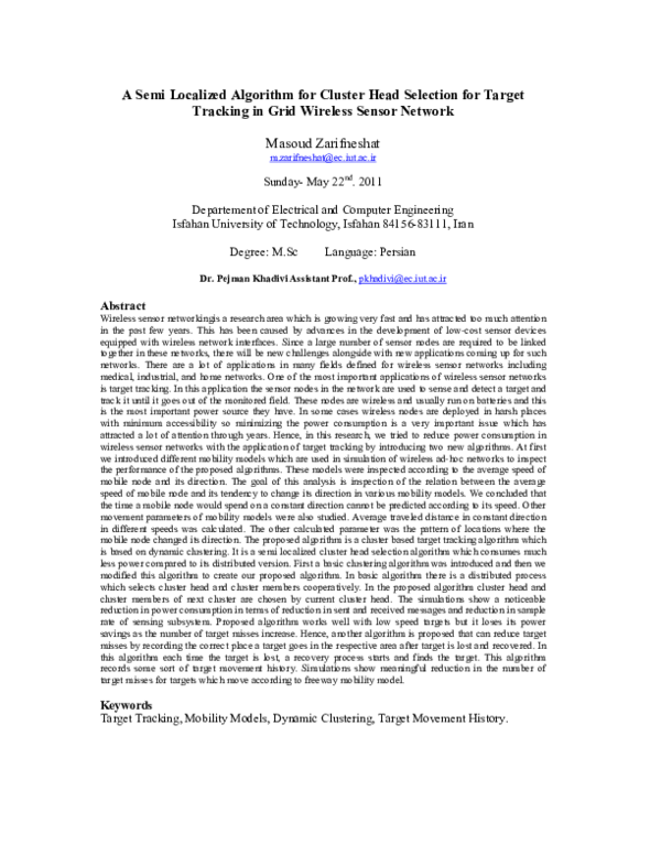 Pdf A Semi Localized Algorithm For Cluster Head Selection For Target Tracking In Grid Wireless