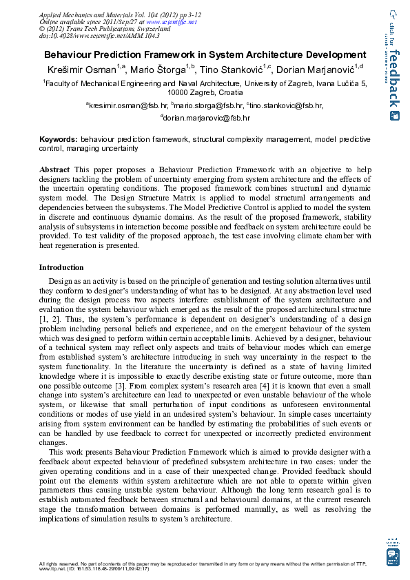 (PDF) Behaviour Prediction Framework in System Architecture Development | Mario Storga and ...