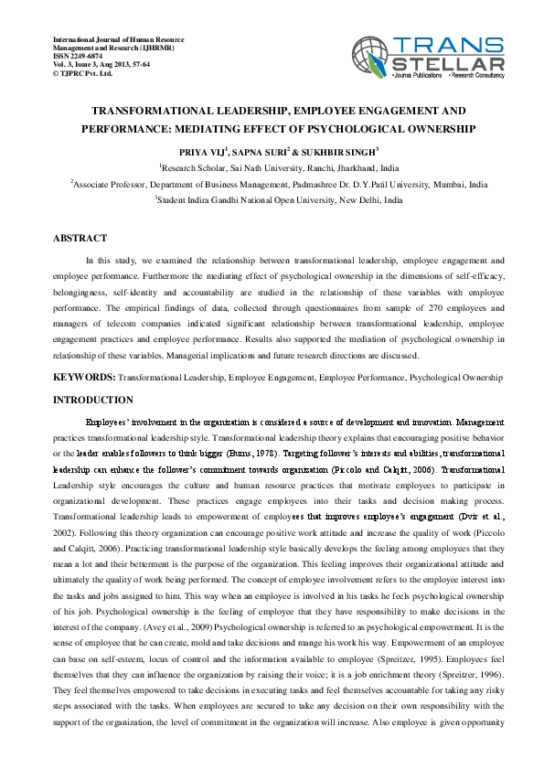 (PDF) TRANSFORMATIONAL LEADERSHIP, EMPLOYEE ENGAGEMENT AND PERFORMANCE: MEDIATING EFFECT OF ...