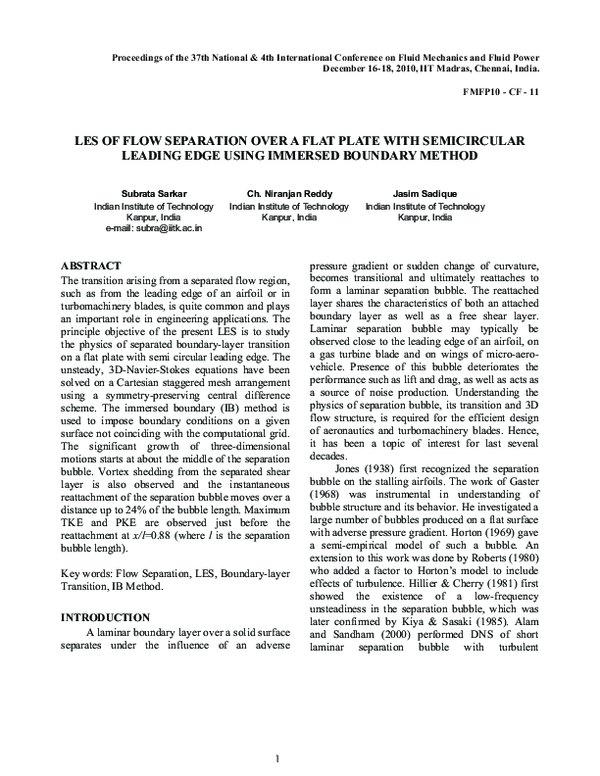 (PDF) LES OF FLOW SEPARATION OVER A FLAT PLATE WITH SEMICIRCULAR ...