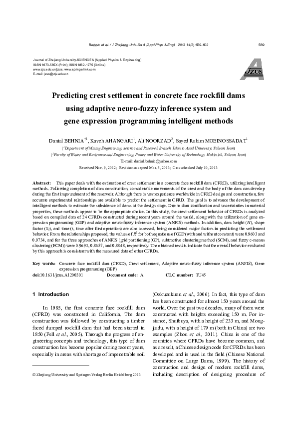 (PDF) Predicting crest settlement in concrete face rockfill dams using adaptive neuro-fuzzy ...