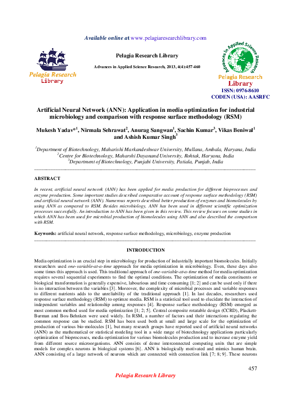 (PDF) Artificial Neural Network (ANN): Application in media optimization for industrial ...