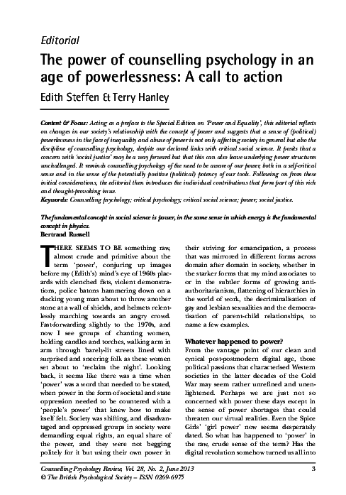 (PDF) Editorial: The power of counselling psychology in an age of powerlessness: A call to action