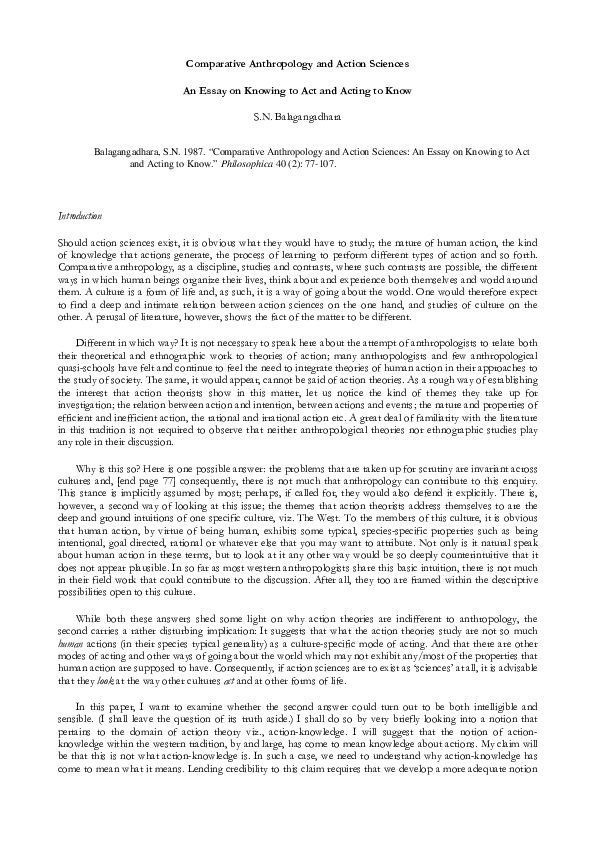 (PDF) Comparative Anthropology and Action Sciences: An Essay on Knowing ...