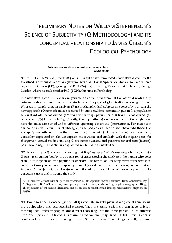 (PDF) PRELIMINARY NOTES ON WILLIAM STEPHENSON’S SCIENCE OF SUBJECTIVITY ...