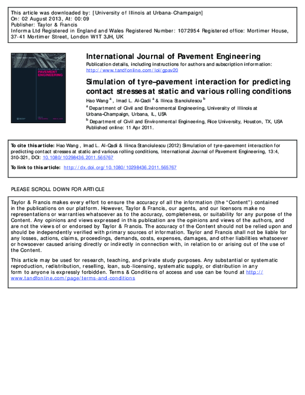 Pdf Simulation Of Tyre Pavement Interaction For Predicting Contact Stresses At Static And